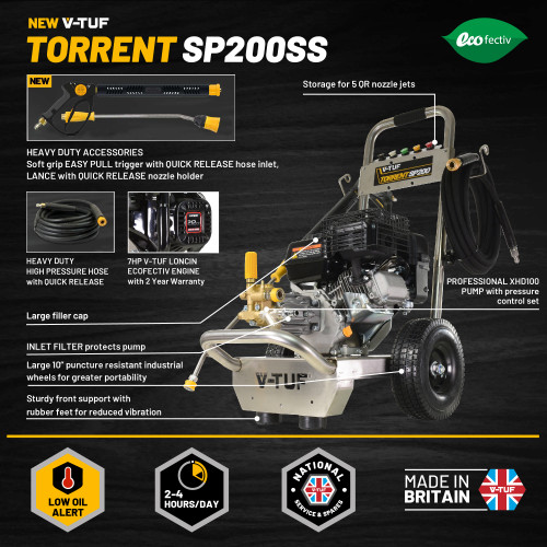 V-TUF.co.uk - V-TUF TORRENT SP200 Industrial 7HP Petrol Pressure Washer ...