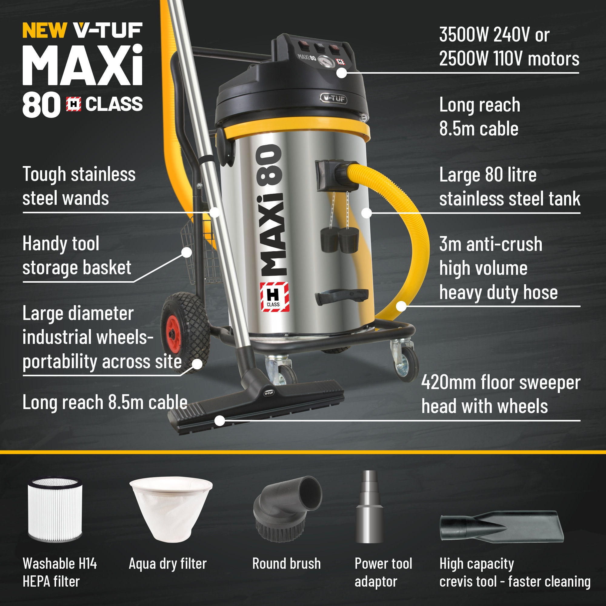 V-TUF.co.uk - V-TUF MAXi - 80L H-Class 240v 3500w Dust Extraction ...